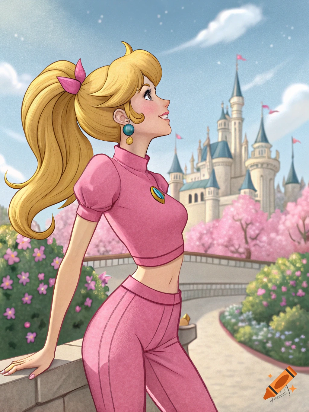 Princess Peach walking under cherry blossom trees with a castle in the ...