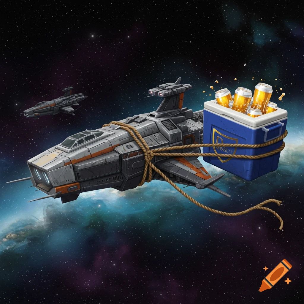 A spaceship towing a cooler of beer by a rope in space. on Craiyon