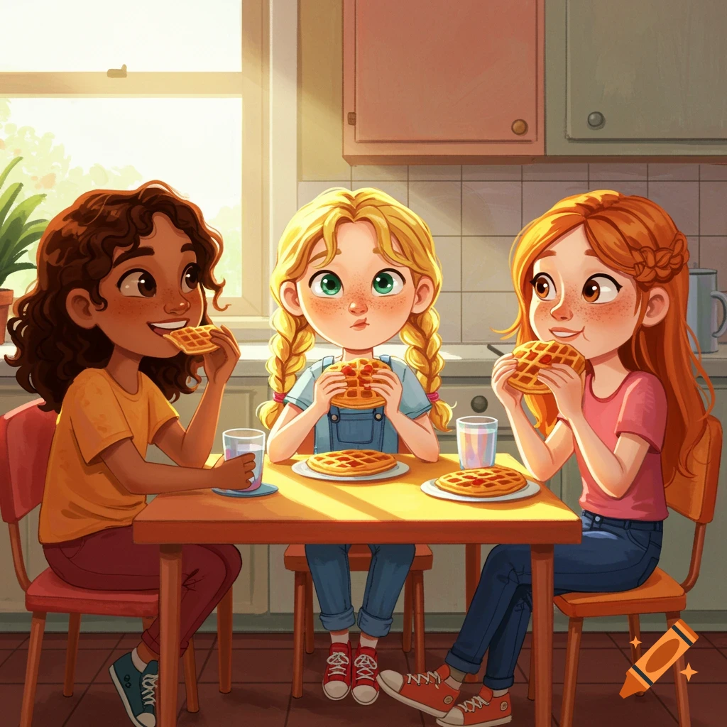 Three girls eating waffles on Craiyon