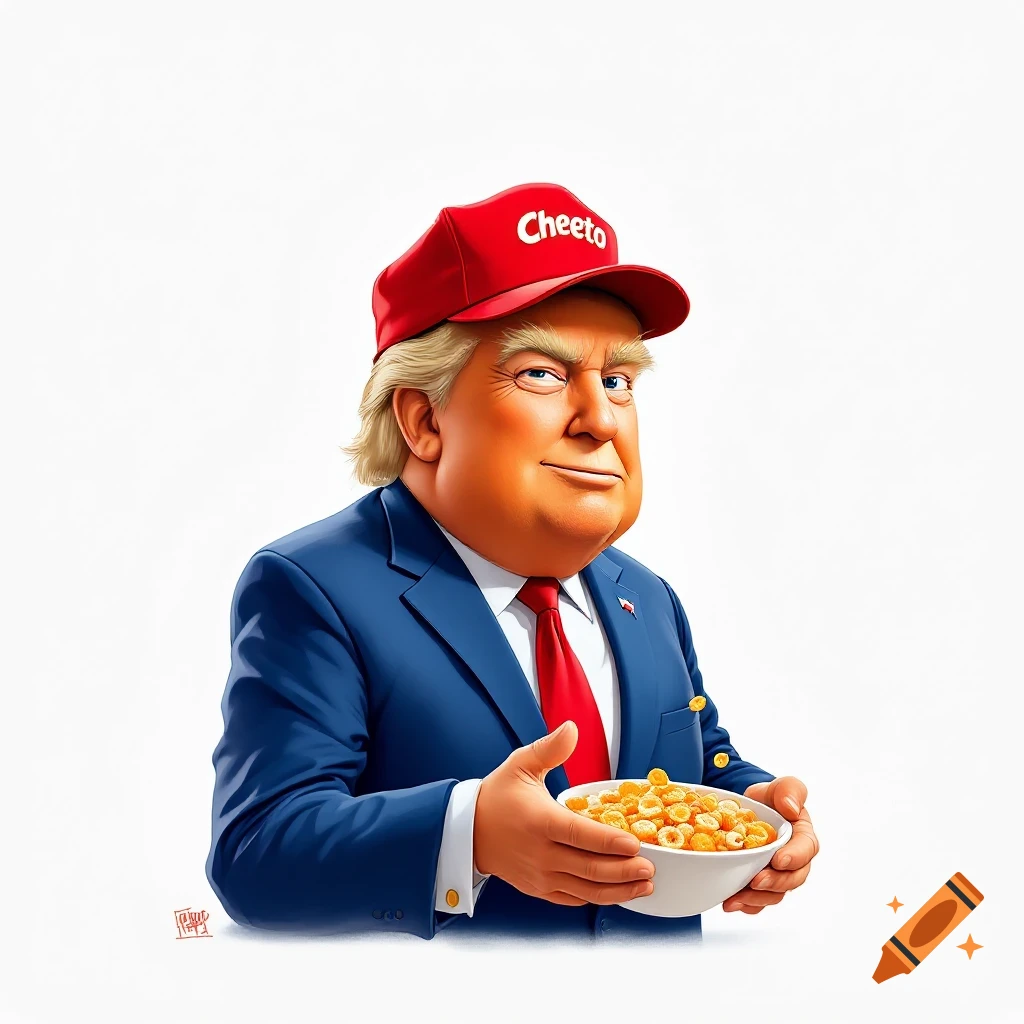 Magazine ad for Cheeto orange Pop Cereal with Trump as mascot on Craiyon