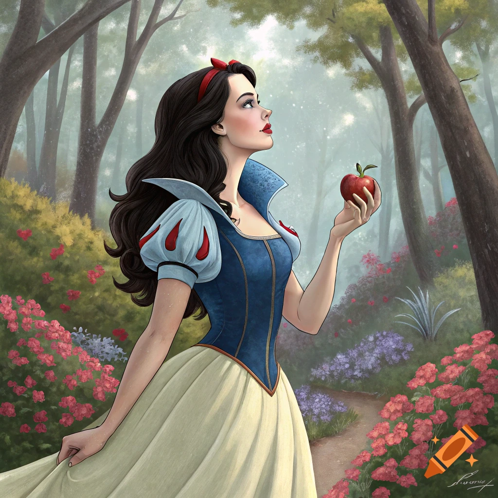A woman resembling Snow White stands in a forest, holding a red apple ...