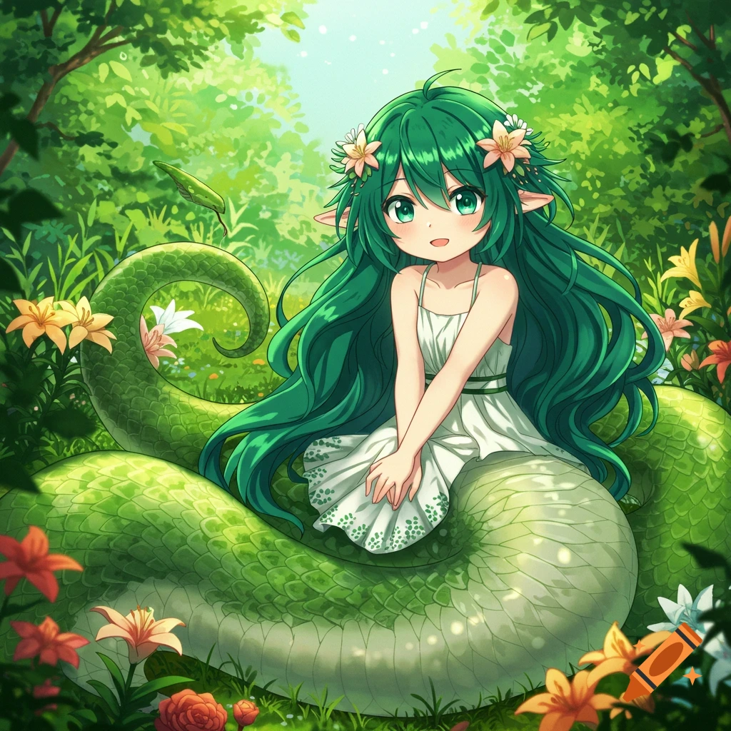 Cute anime lamia with green hair sits in a lush forest garden. on Craiyon