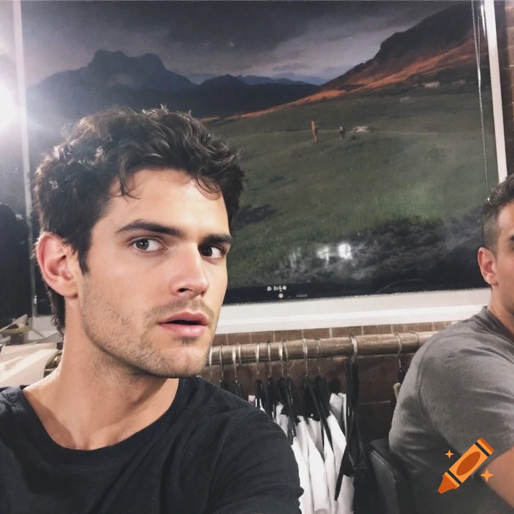Close-up selfie of a man looking at the camera, with another person and ...