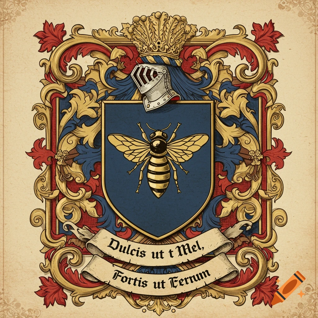 Heraldic crest with a golden bee on a blue shield, topped by a crown ...