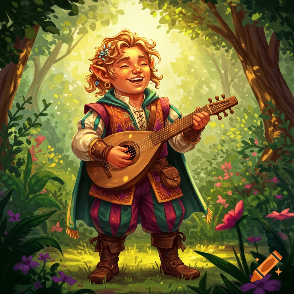 Female bard playing lute in mountainous landscape on Craiyon