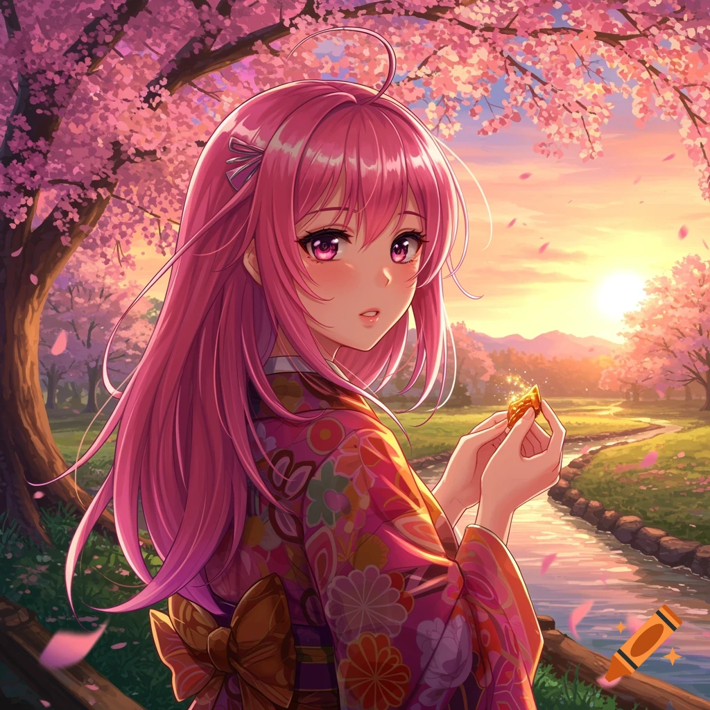 Anime girl in a kimono at sunset under cherry blossoms on Craiyon