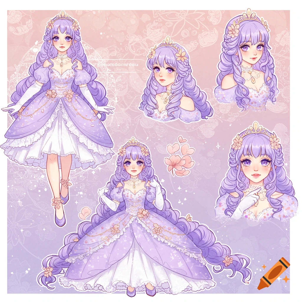 Cute lavender princess character sheet on Craiyon