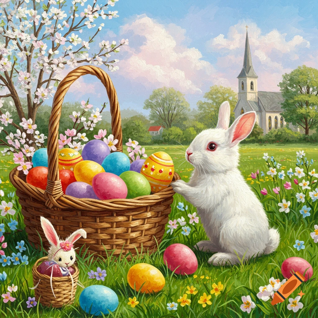 Watercolor painting of a bunny and birds in an Easter basket with ...