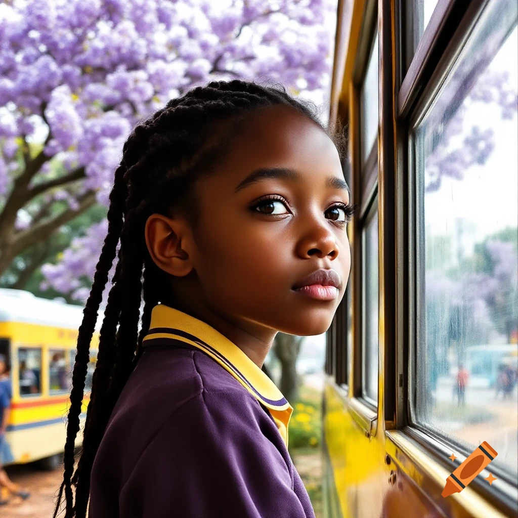 Zimbabwean girl Lutendo in school uniform looking out bus window with ...
