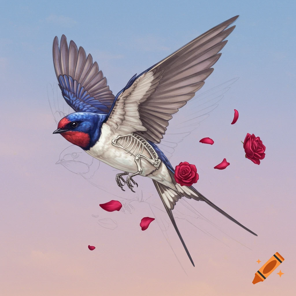 Sketch of a swallow bird with skeleton and roses on Craiyon