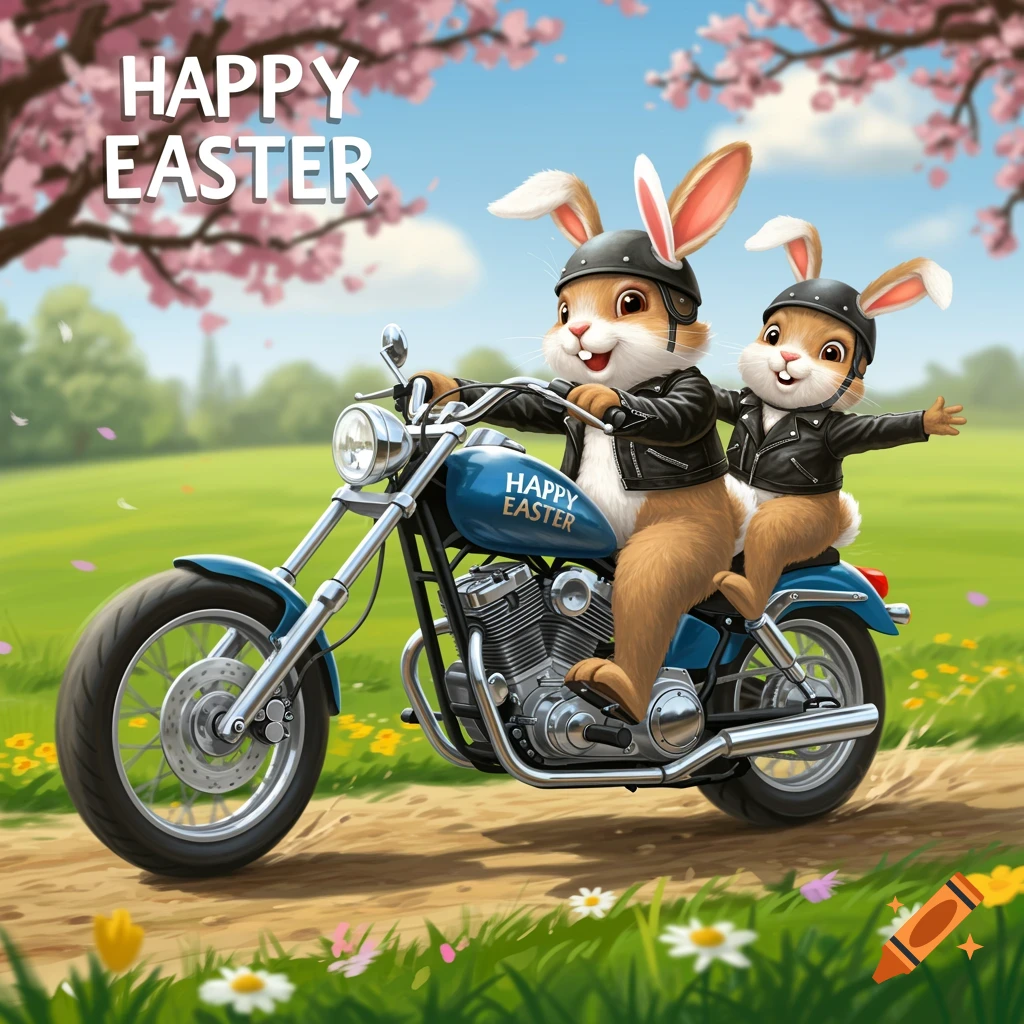 Cartoon rabbits riding a motorcycle through a spring field with "Happy ...