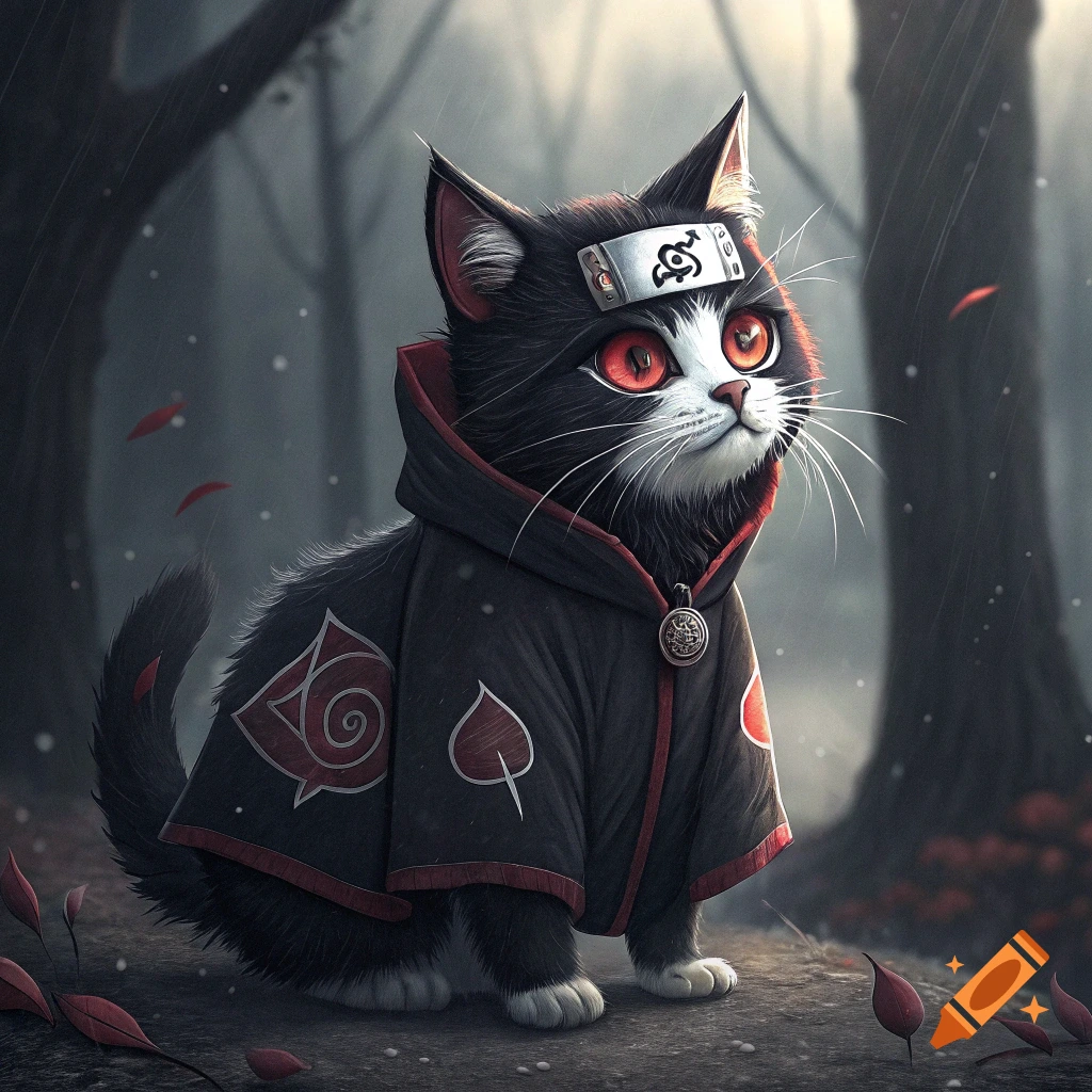 A black and white cat wears an Akatsuki cloak and headband in a forest ...