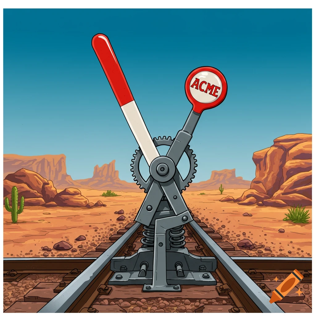 Cartoon of an Acme railroad switch lever in Looney Tunes style on Craiyon