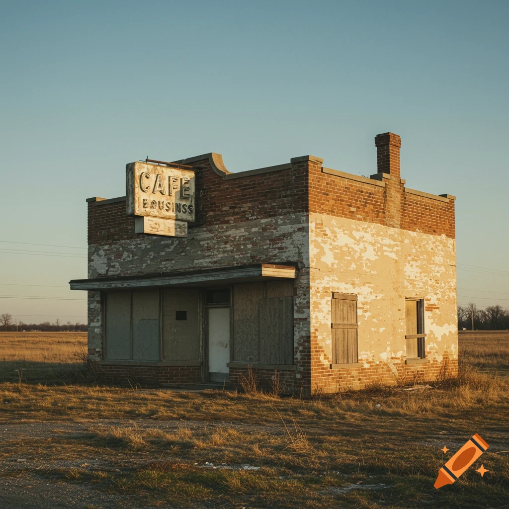 Faded, closed storefront cafe in a field on Craiyon