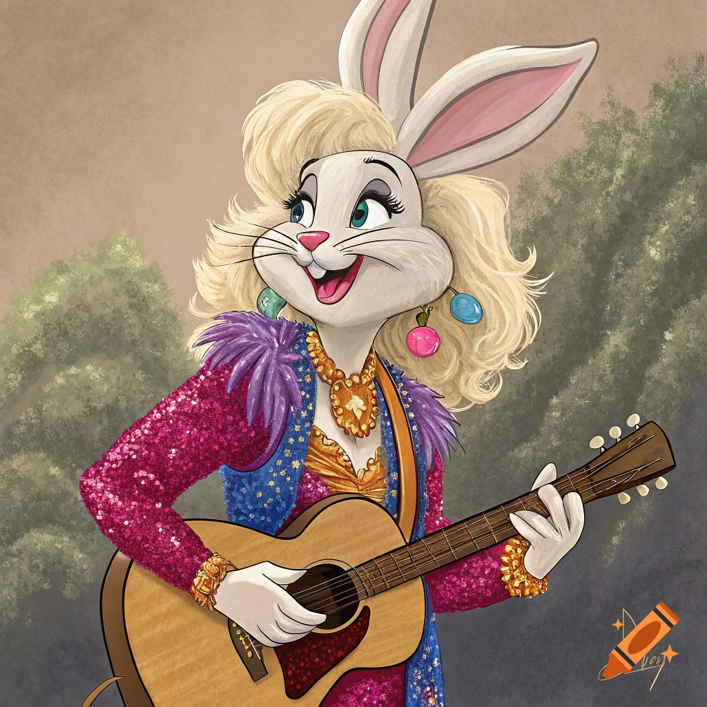 Cartoon rabbit dressed as Dolly Parton playing an acoustic guitar. on ...
