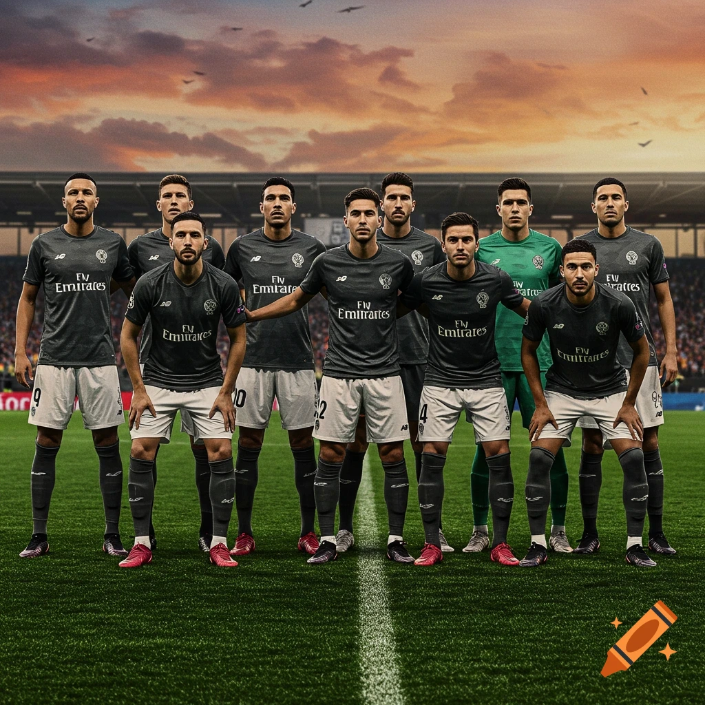 A soccer team in dark gray shirts and white shorts lined up on a field ...