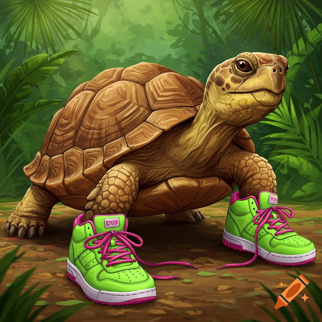A cute baby tortoise wearing pink tennis shoes stands in a grassy field ...