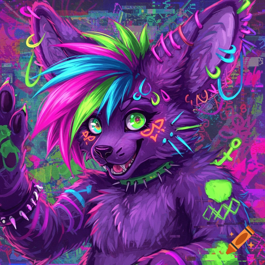 Purple scenecore furry with colorful hair and accessories. on Craiyon