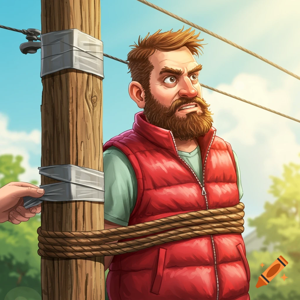 Man tied to a pole with rope and duct tape on Craiyon