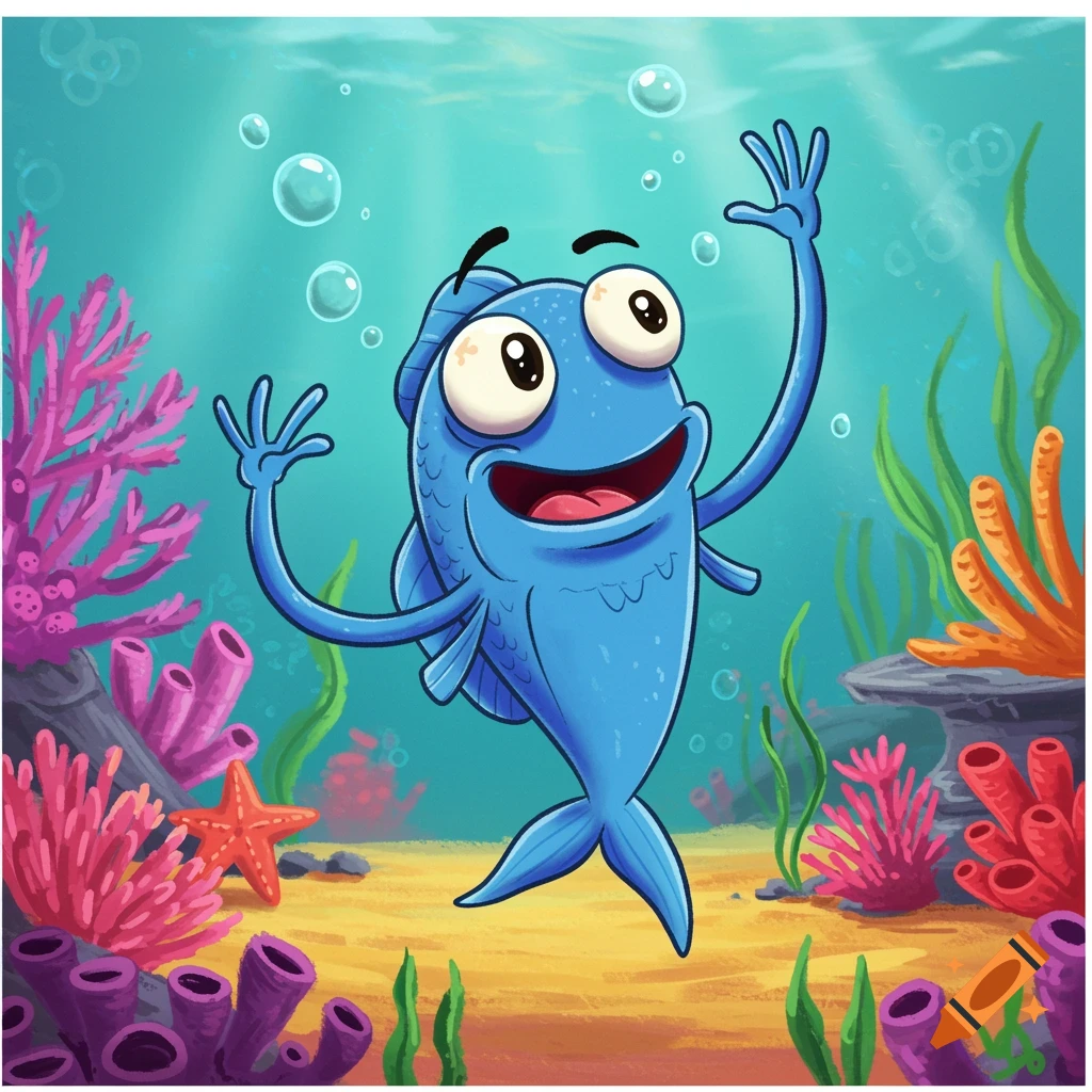 Cartoon blue fish with arms and legs waving underwater near colorful ...