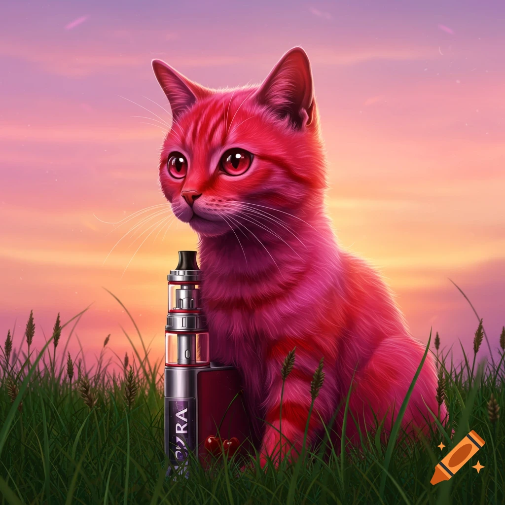 Cat shaped cherry RAZ vape in grassy area with pink sunset on Craiyon