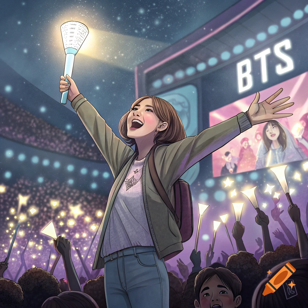 An illustration of a person cheering at a concert with a lightstick, a ...