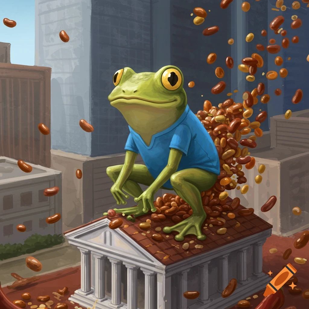 Cartoon frog with beans and chili falling on a bank roof on Craiyon
