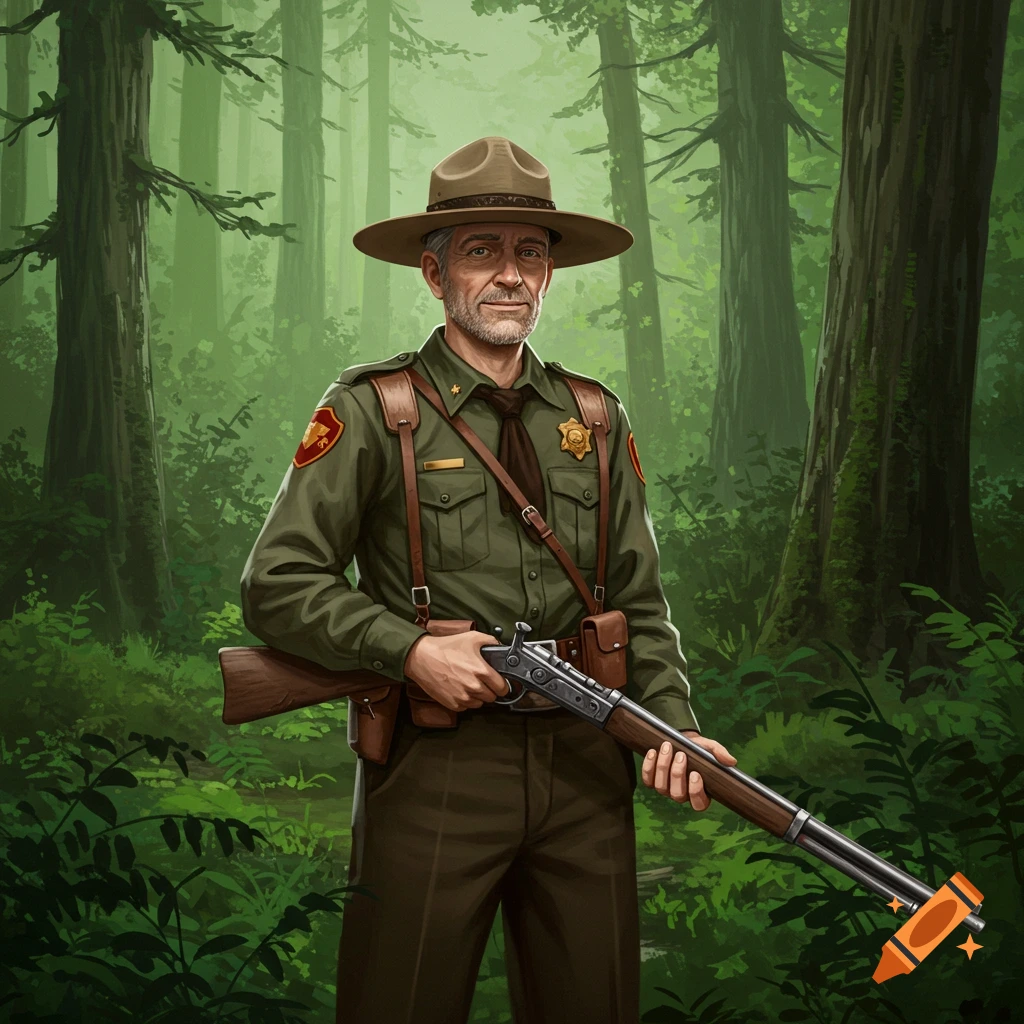 A hunter in camouflage holding a rifle, standing with a dog in a forest ...