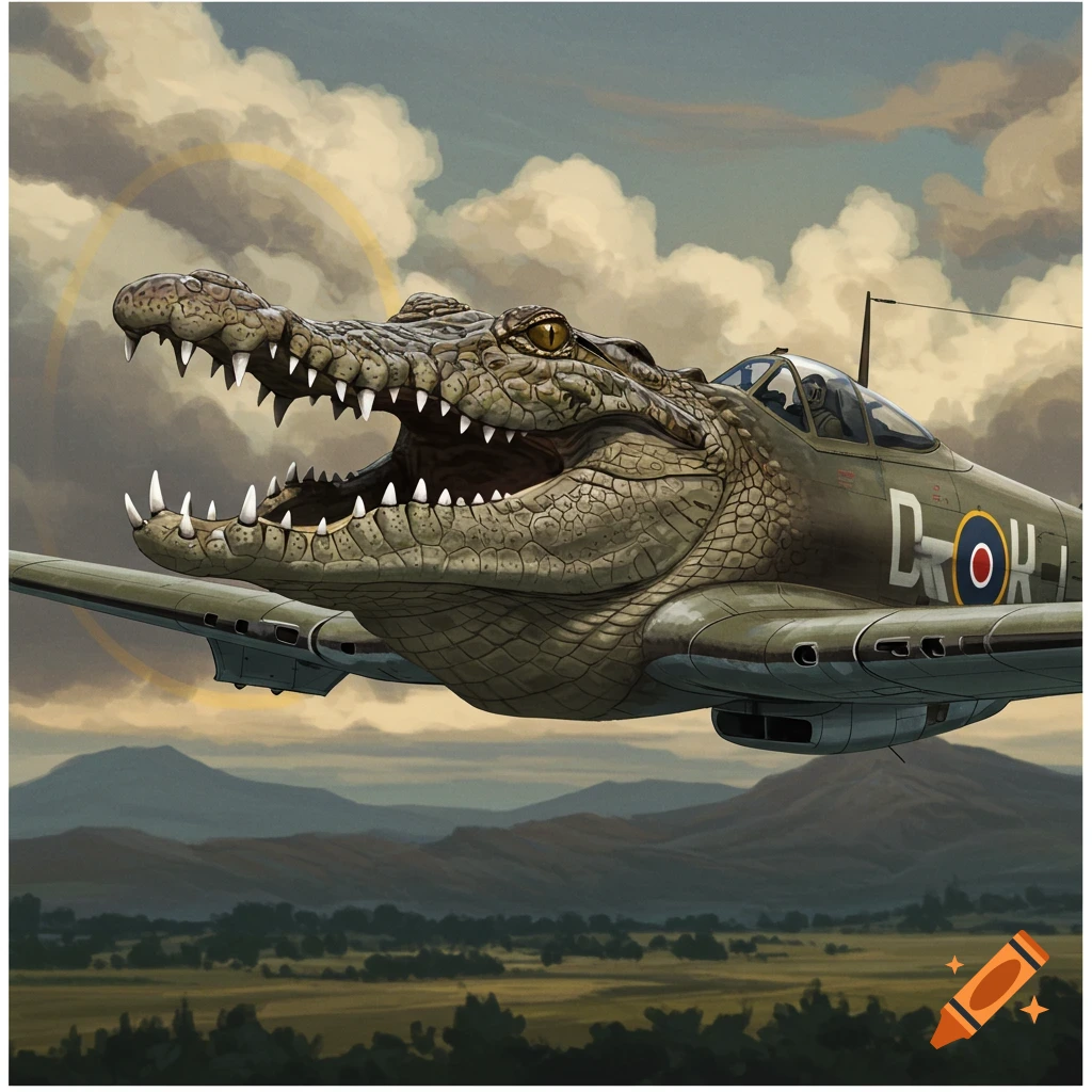 An airplane with a crocodile head is flying through stormy clouds. on ...
