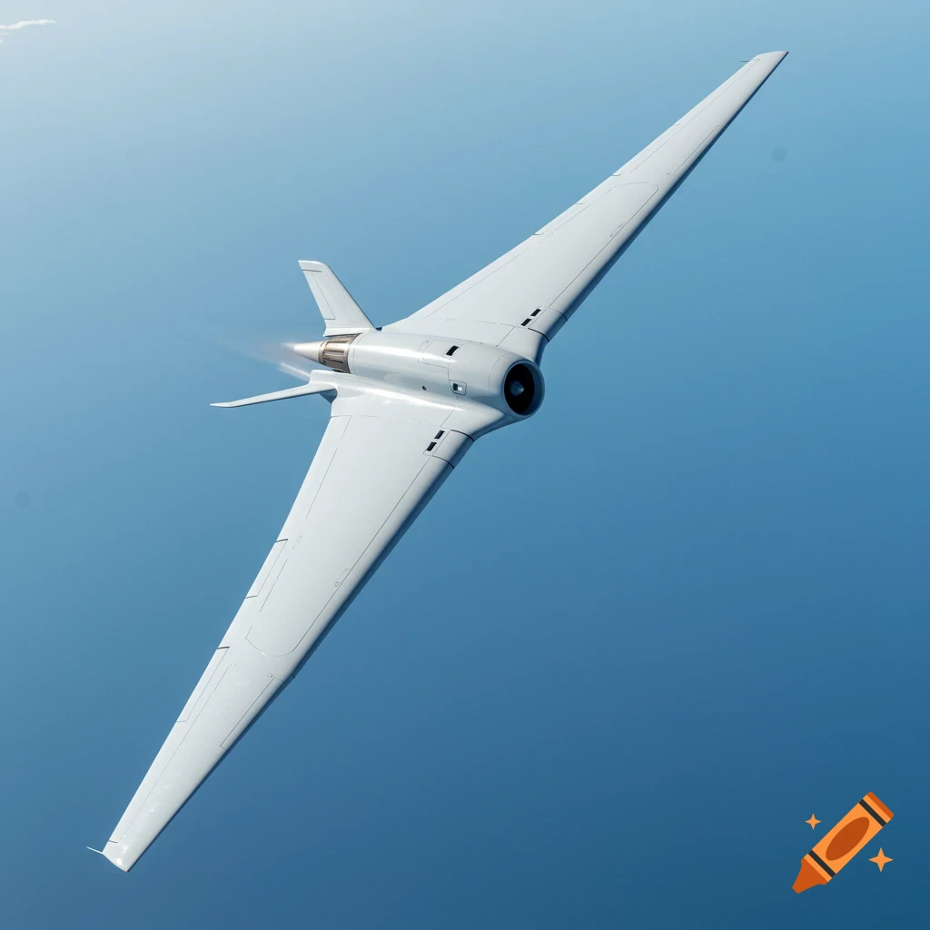 A sleek white flying wing aircraft flies against a blue sky. on Craiyon