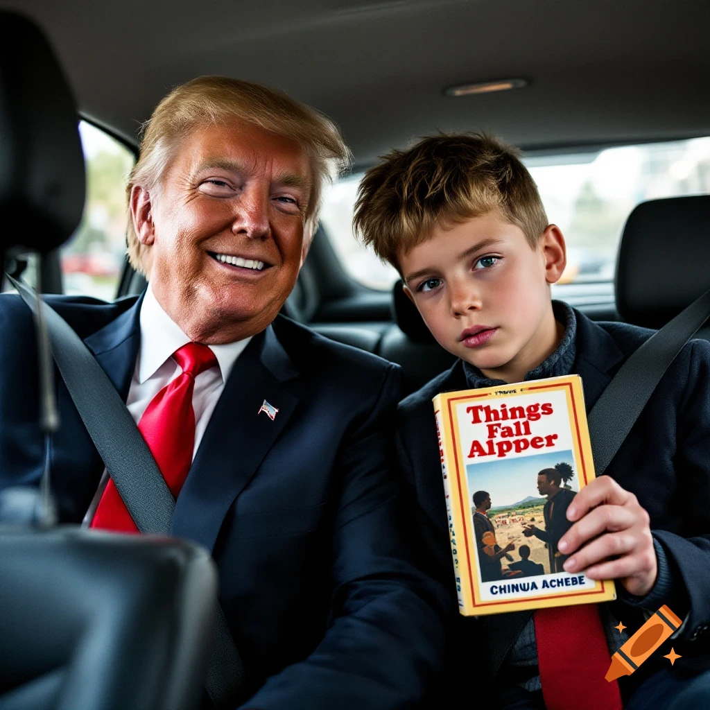 Donald Trump and Barron Trump in a Toyota Prius, Barron holding 'Things ...