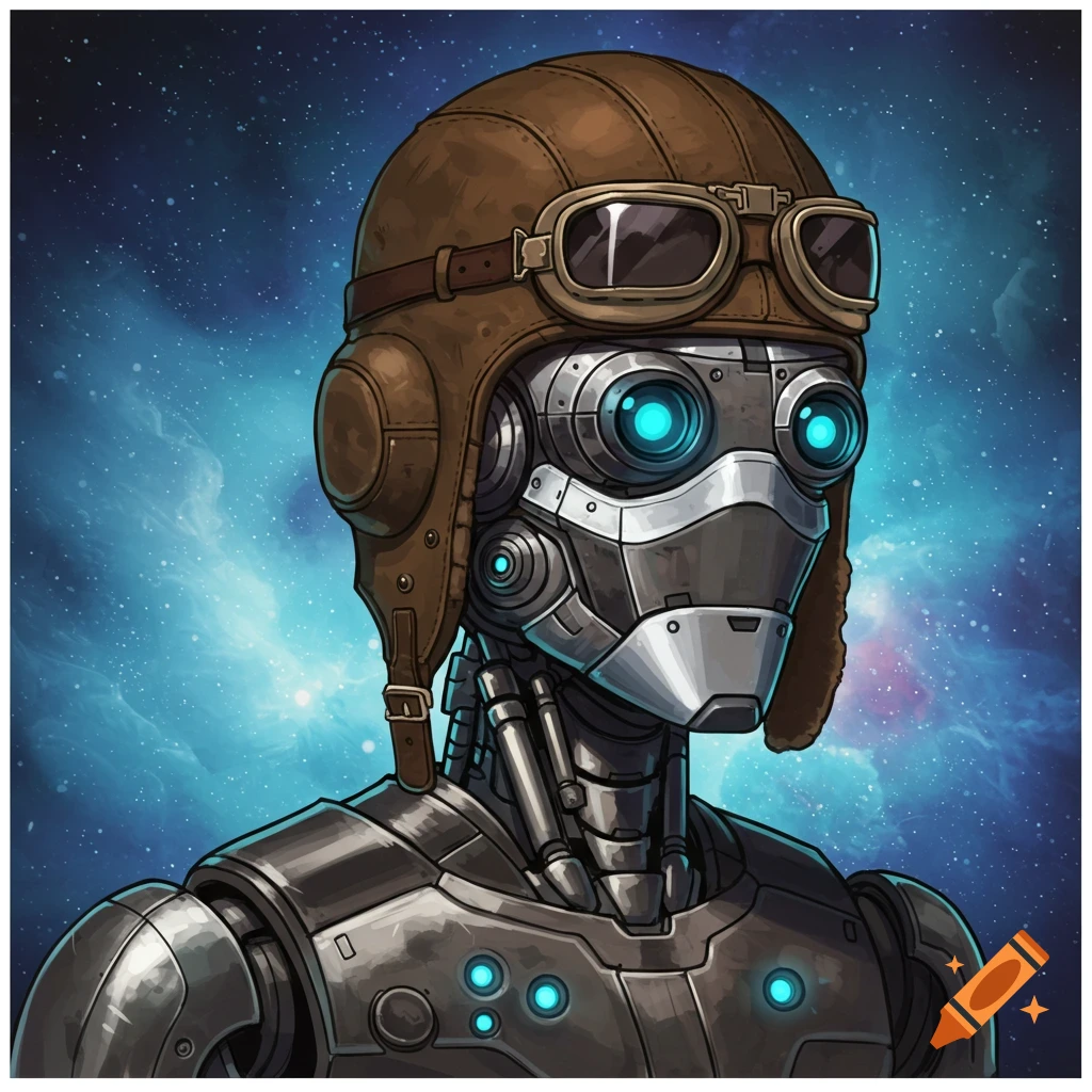 A robot in space, wearing a pilot hat and goggles. on Craiyon