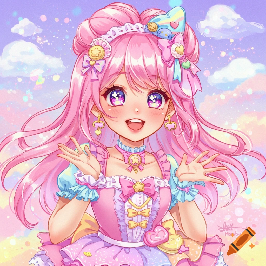 Moe anime girl with pink hair, buns, and large sparkly eyes surrounded ...