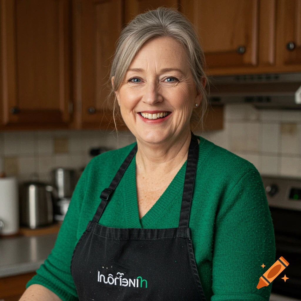 Smiling 53 year old Irish woman in her kitchen on Craiyon