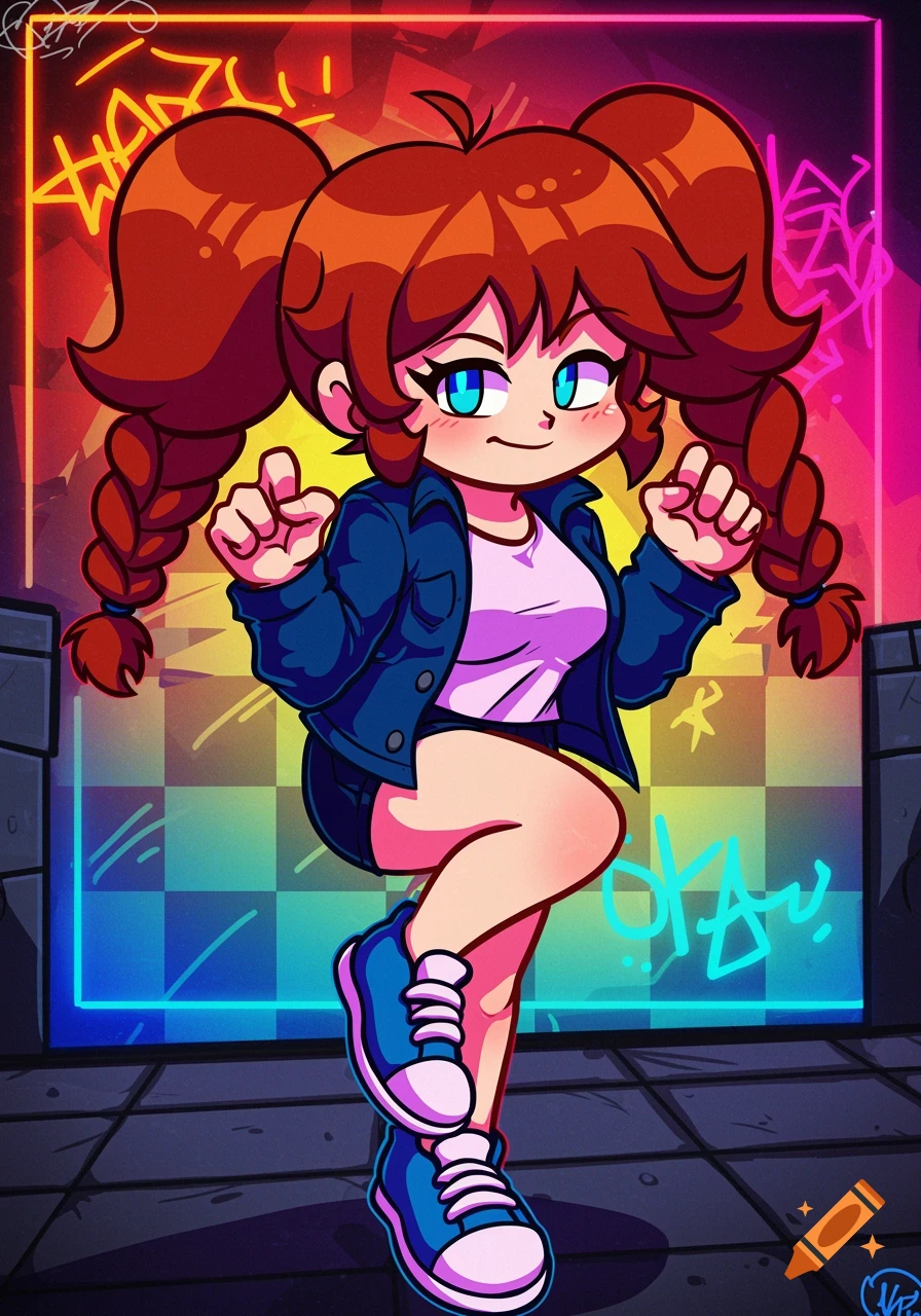 Girlfriend from Friday Night Funkin’ with red pigtails on Craiyon