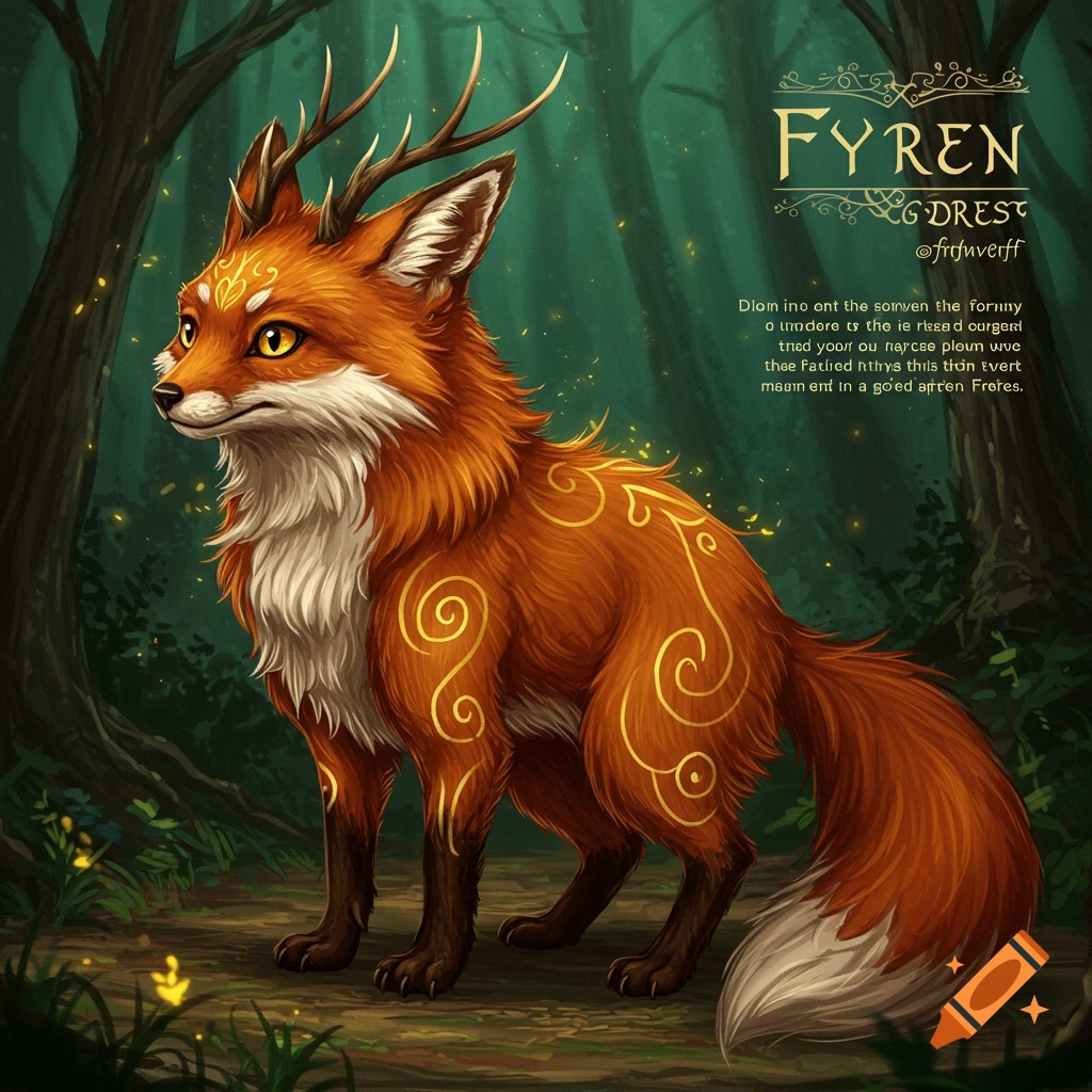 Mystical copper fox creature with glowing runes on Craiyon