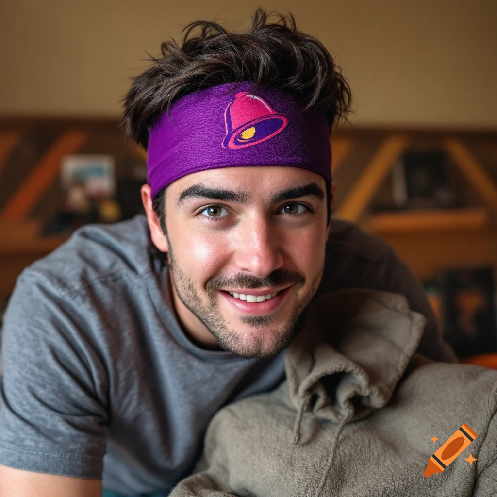 A man smiling and wearing a purple headband with a pink and yellow bell ...