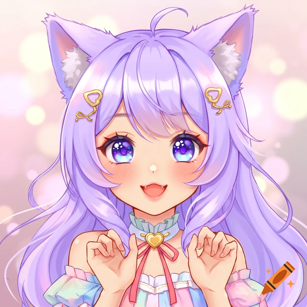 Pixel art anime cat girl with blue and pink hair, cat ears, and tail in ...