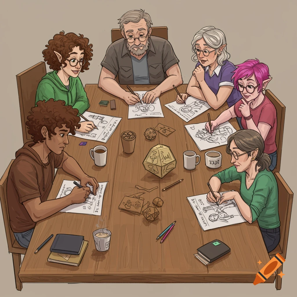 An illustration of six people drawing characters around a table ...