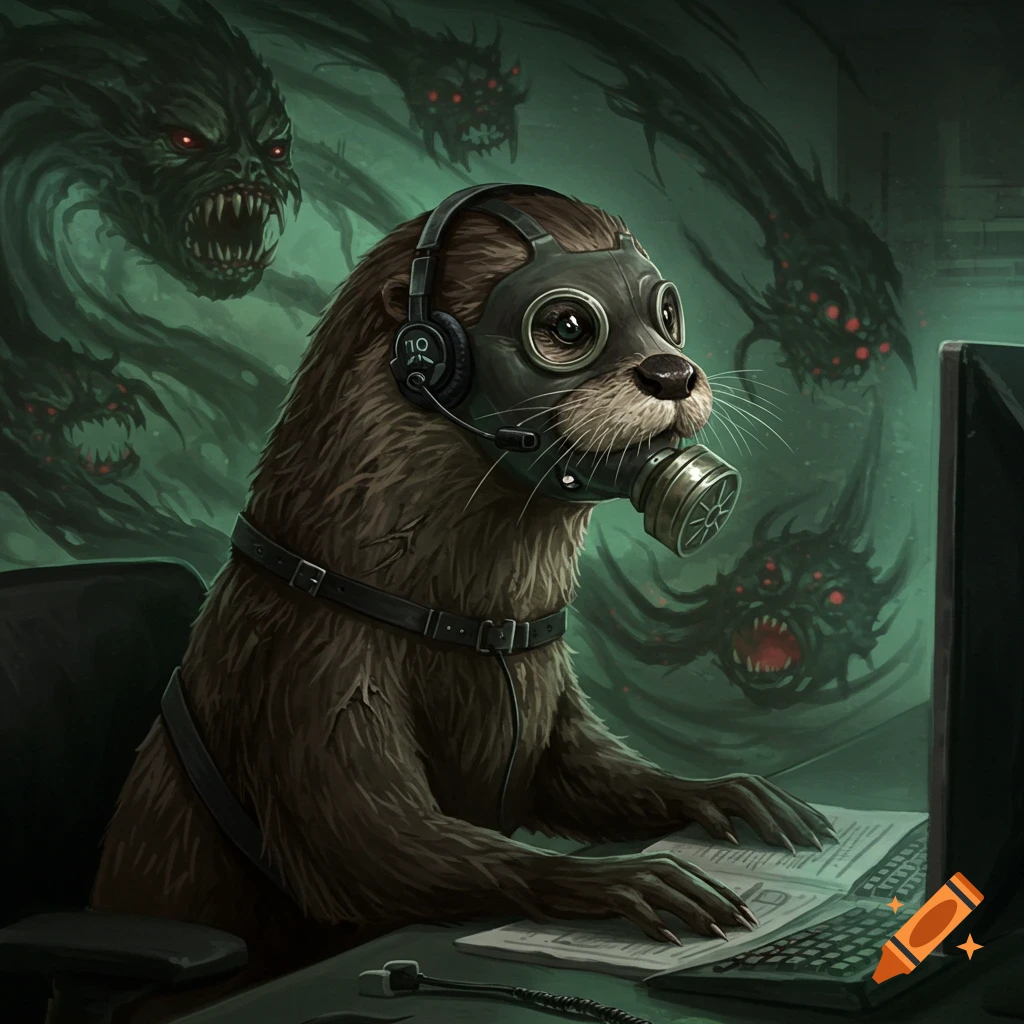 An otter wearing a gas mask and headset works at a computer with ...
