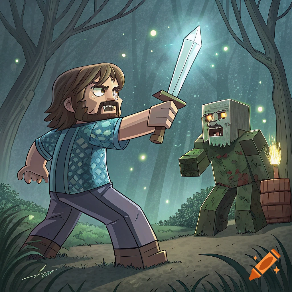 Jack Black as Steve from Minecraft facing a zombie on Craiyon
