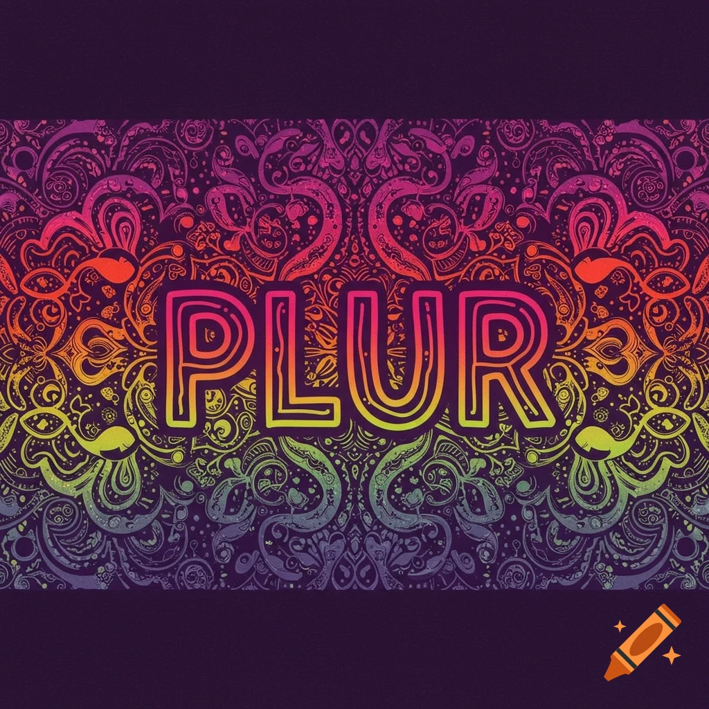 PLUR neon text on purple psychedelic textile banner on Craiyon