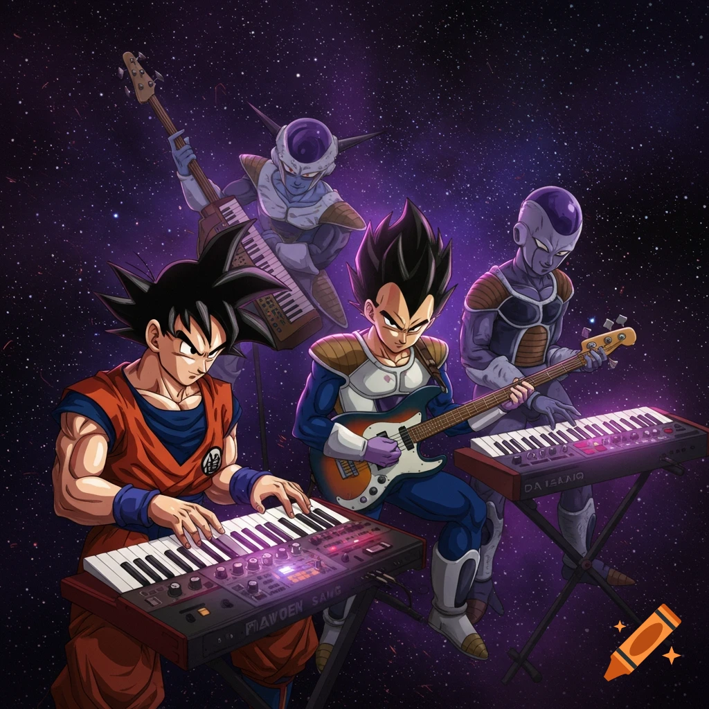 Dragon Ball characters Goku, Vegeta, and two versions of Frieza playing ...
