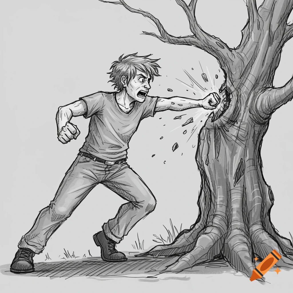 Someone punching a tree in sketchy black and white pencil art style on Craiyon