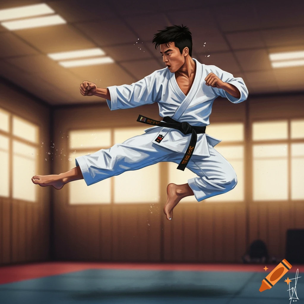Image of a man in a white gi doing a flying karate kick in a dojo. on ...