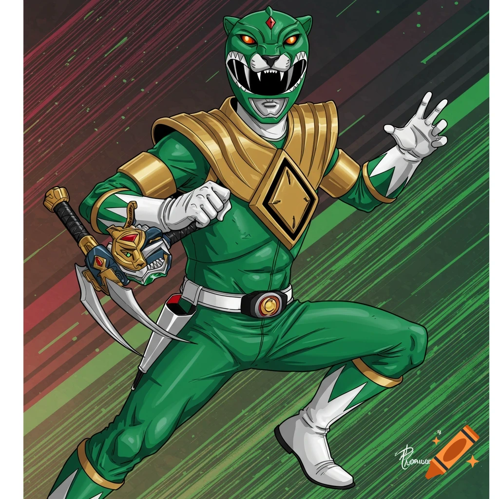 Green Power Ranger in medieval armor with a feathered helmet, holding a ...
