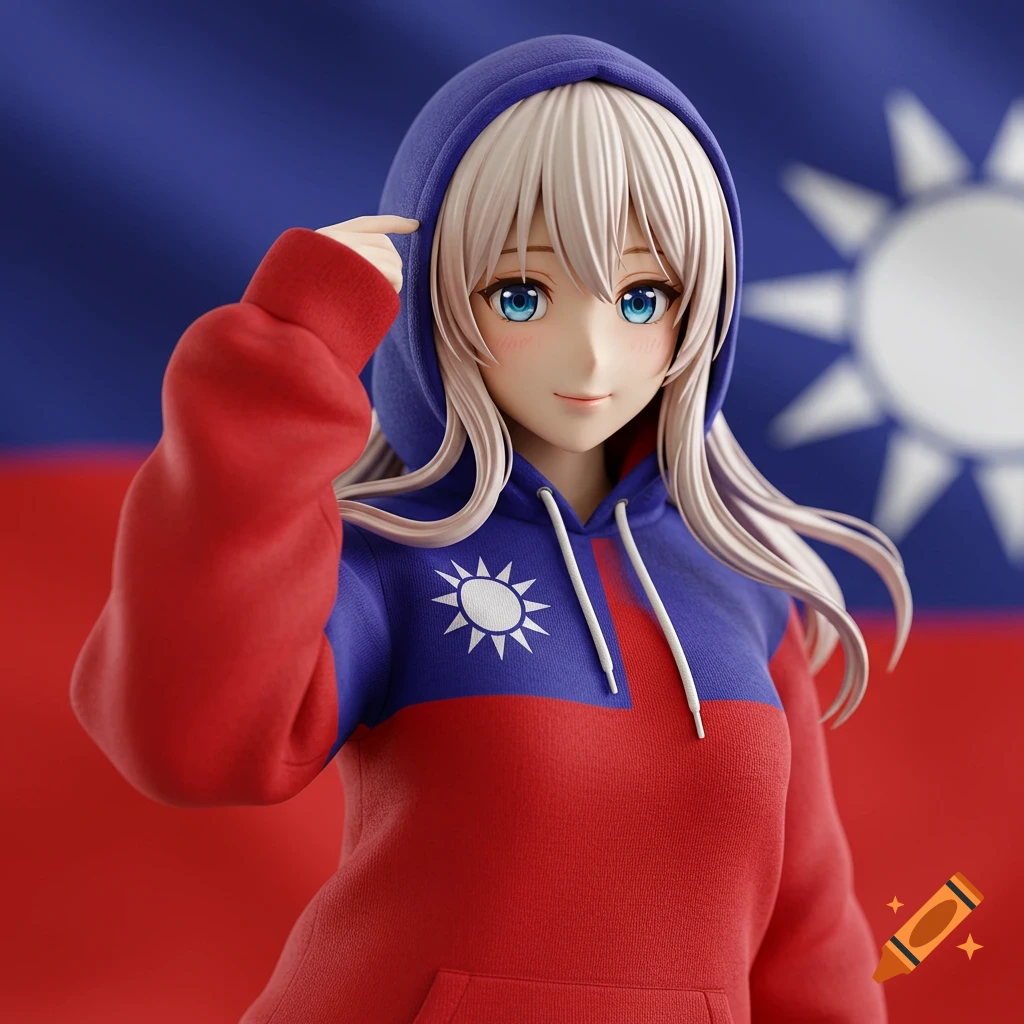 Anime girl in Taiwan flag hoodie before a Taiwan flag on Craiyon