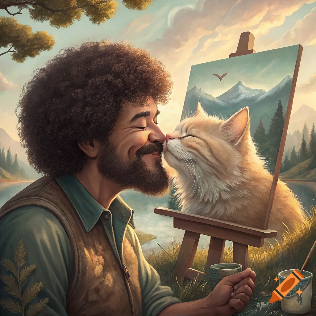 A man resembling Bob Ross smiles while touching noses with an orange ...