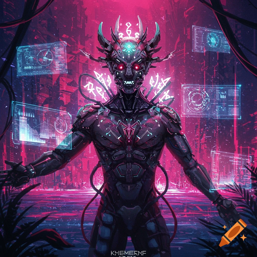 A dark cyborg figure with horns and glowing eyes, surrounded by ...