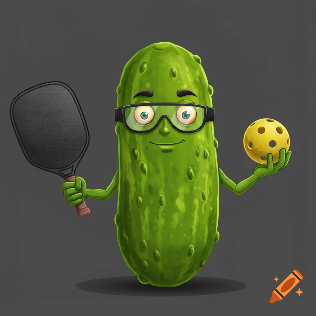 Pickle character holding a pickleball paddle and ball, wearing safety ...